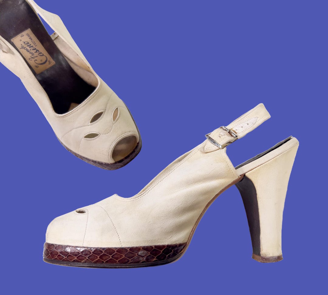Vintage 1940s Heels // Ivory Suede Brown Snakeskin 40s Platforms ...