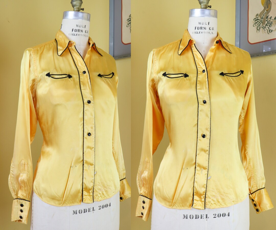 Vintage 1940s Western Shirt // Golden Yellow Celanese Rayon Satin 40s ...