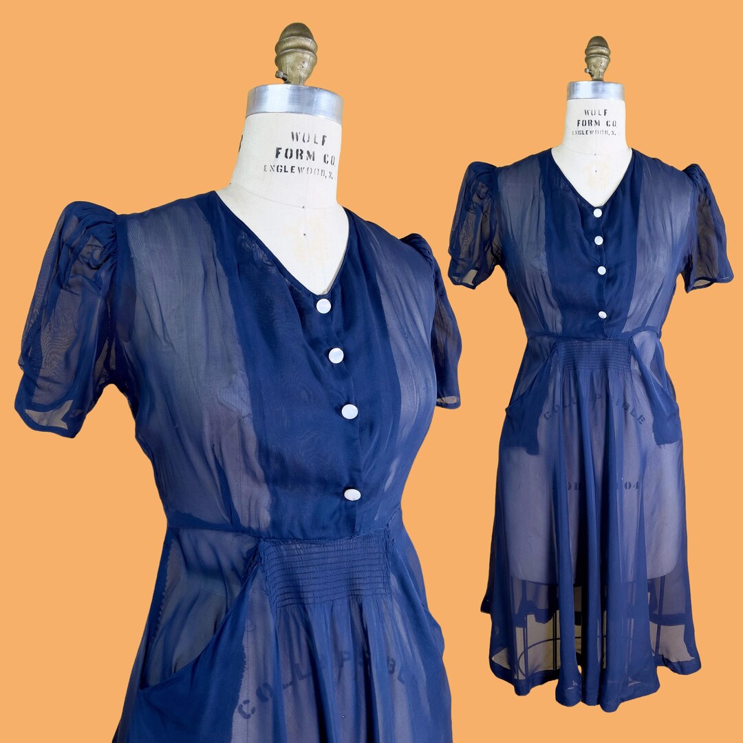 Vintage 1930s Dress // WOUNDED BIRD // Sheer Navy Rayon Chiffon 30s ...