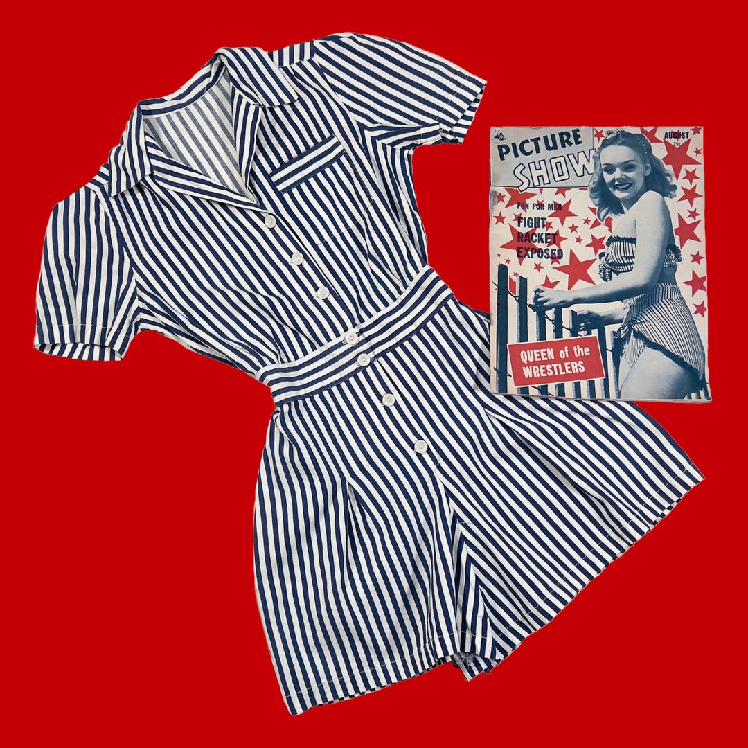 Vintage 1940s Romper // ICONIC Navy + White Striped Cotton Puff Sleeve ...