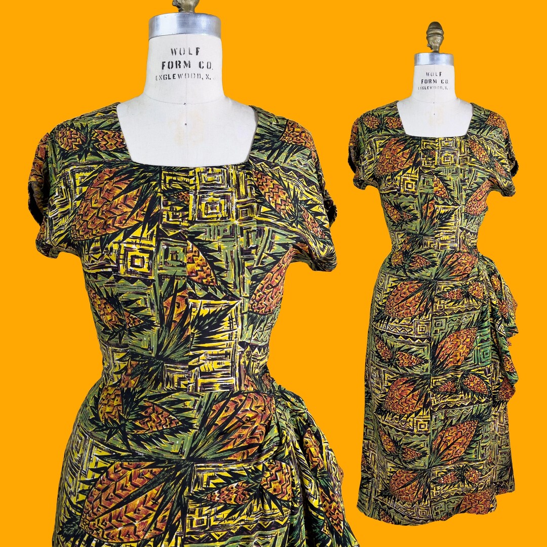 Vintage 1940s Dress // PINEAPPLE Tropical Novelty Print Cold Rayon 40s ...