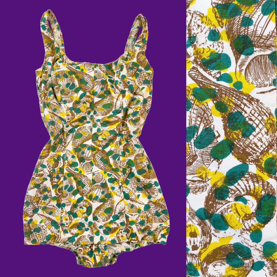 Vintage 1950s Swim Suit // WOUNDED BIRD // Seashell Novelty Print ...