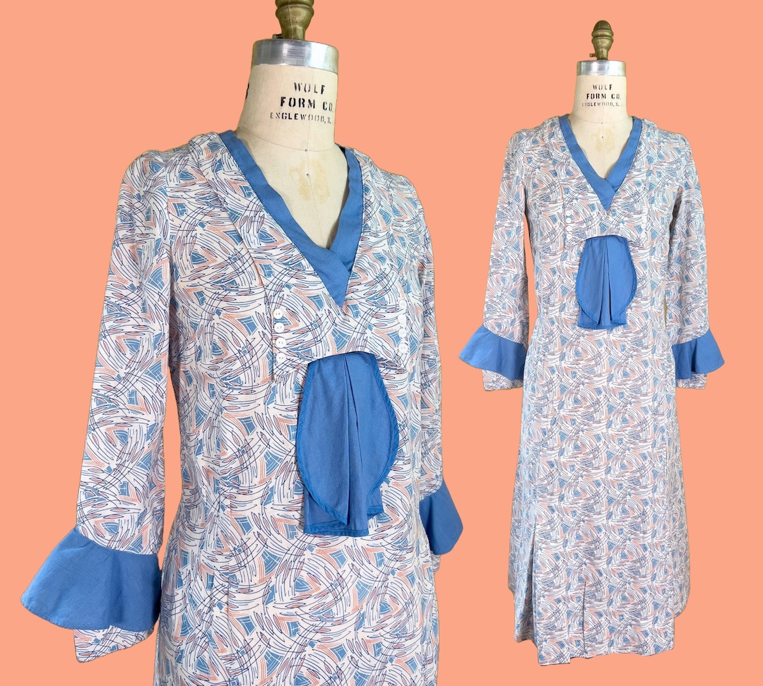 Vintage 1920s Dress // Blue + Creamsicle Orange Deco Print 20s Day ...