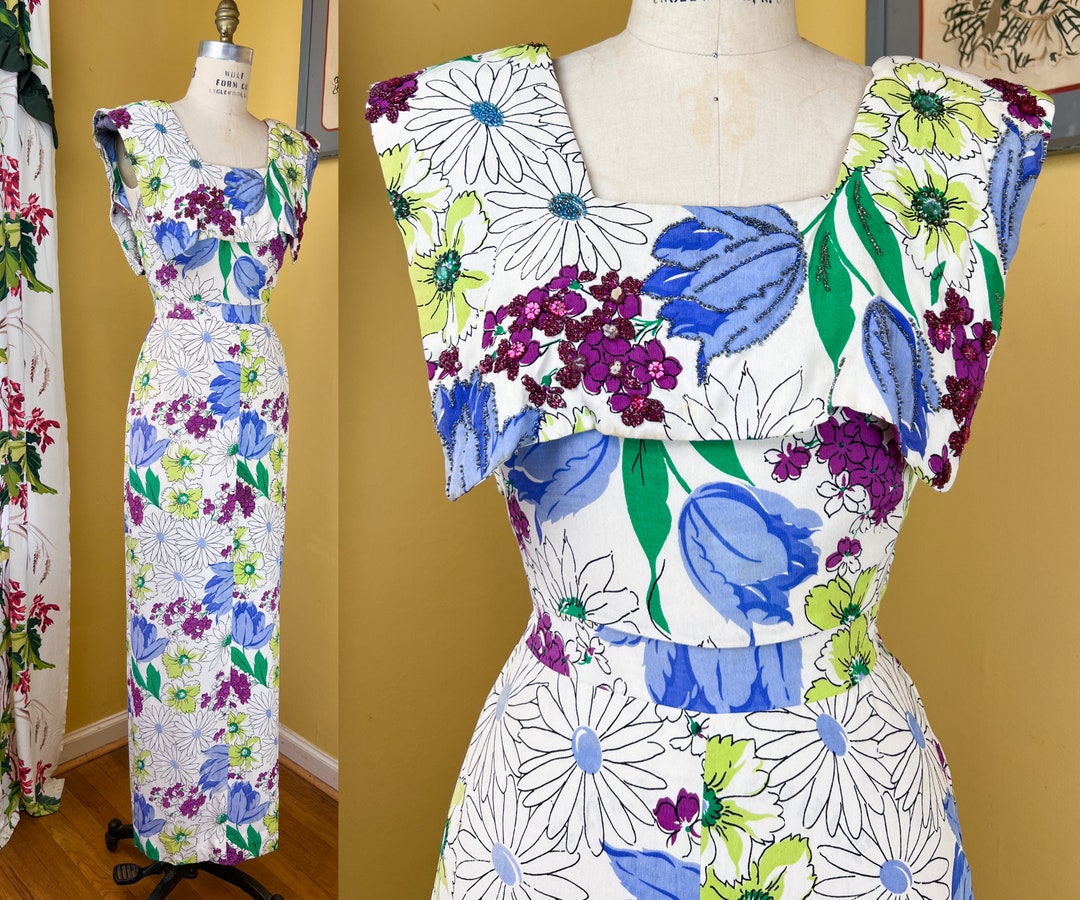 Vintage 1940s Gown // Fuchsia, Chartreuse Powder Blue Floral Print ...