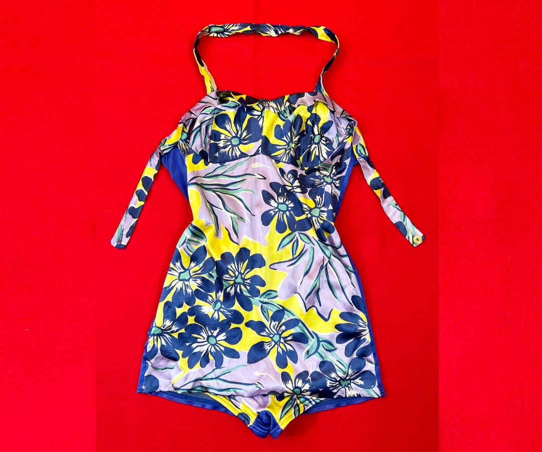 Vintage 1940s Swimsuit // Rare Tropical Floral Print Lastex Satin Early ...