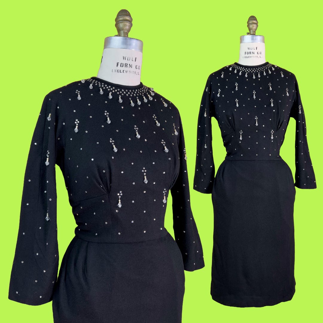 Vintage 1950s Dress // CLEARANCE // Rhinestone Studs Dangling Beads 50s ...