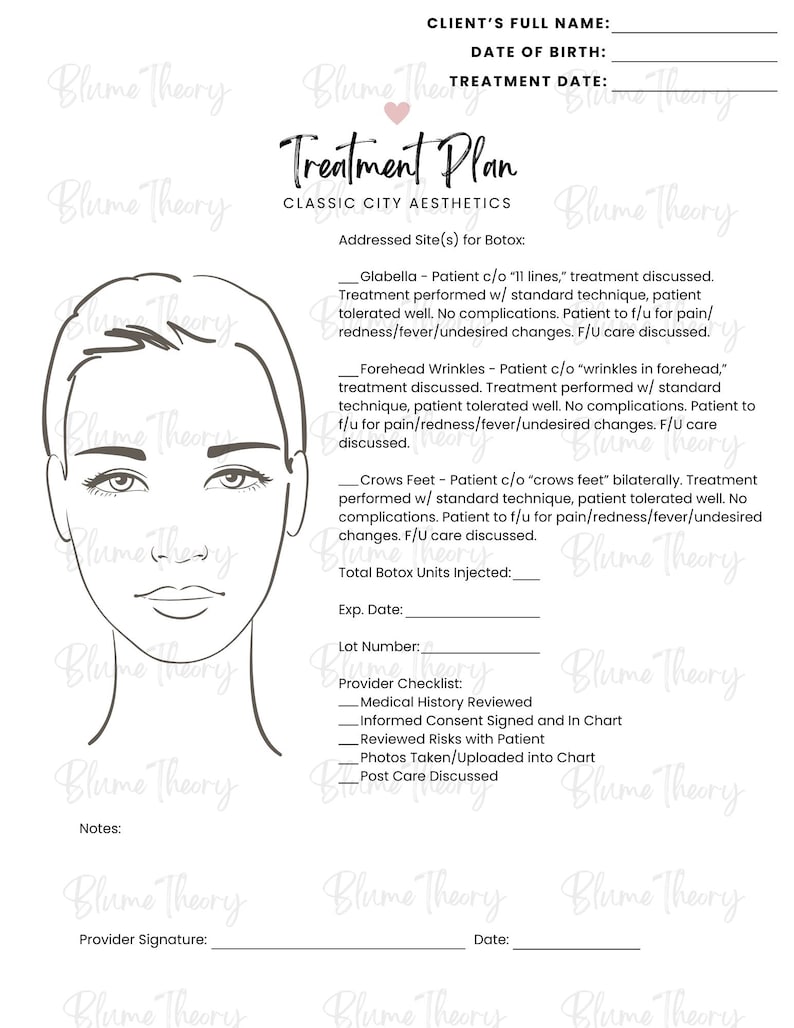 Botox Treatment Plan Template | Printable & Digital Download ...