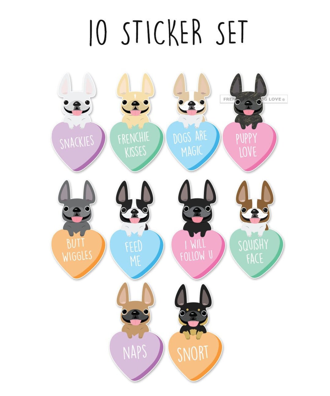 Frenchie Sweethearts Sticker Set of 10, Waterproof Frenchie Stickers ...