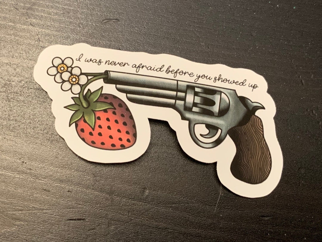 Gun Firing Strawberries and Flowers Traditional Tattoo Style Sticker ...
