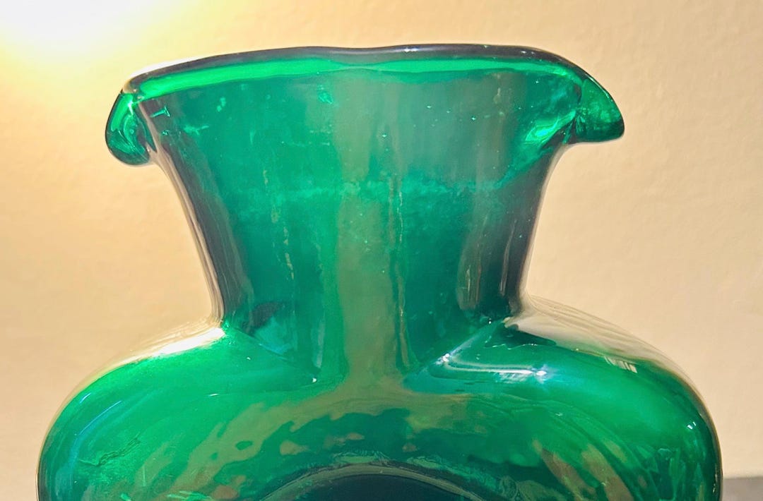 Vintage Blenko Glass Double Spouted Green Water Jug Pitcher Carafe With ...