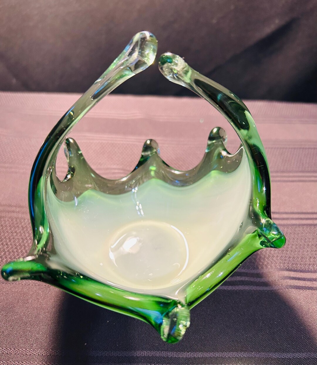 Vintage Murano Forest Green Ruffle Trim With Handle, the Base is Pastel ...