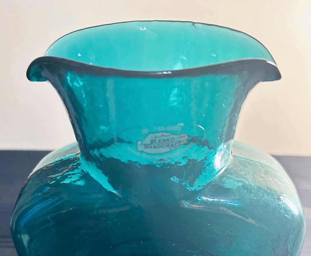 Vintage Blenko Glass Double Spouted Teal Water Jug Pitcher Carafe With ...