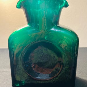 Vintage Blenko Glass Double Spouted Green Water Jug Pitcher Carafe With ...