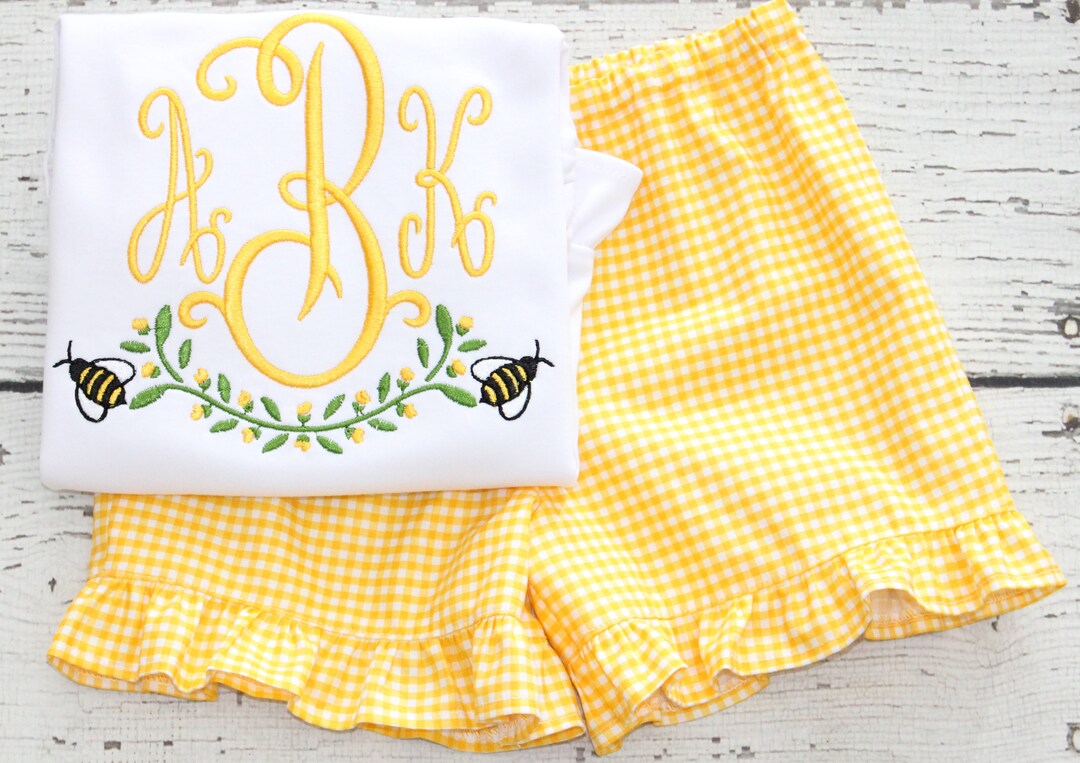 Bumble Bee Monogrammed Shorts Set, Birthday Bee Outfit, Bee Gingham ...