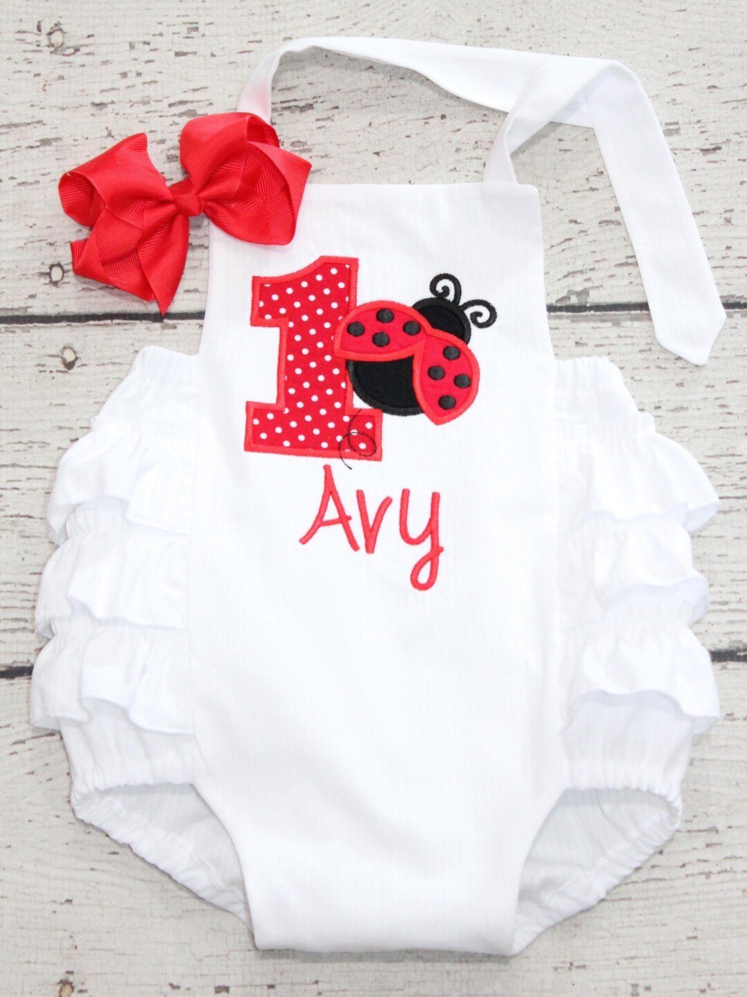 Ladybug First Birthday Bubble, Ladybug Monogrammed Romper, White Ladybug Outfit, Ladybug Sunsuit ...