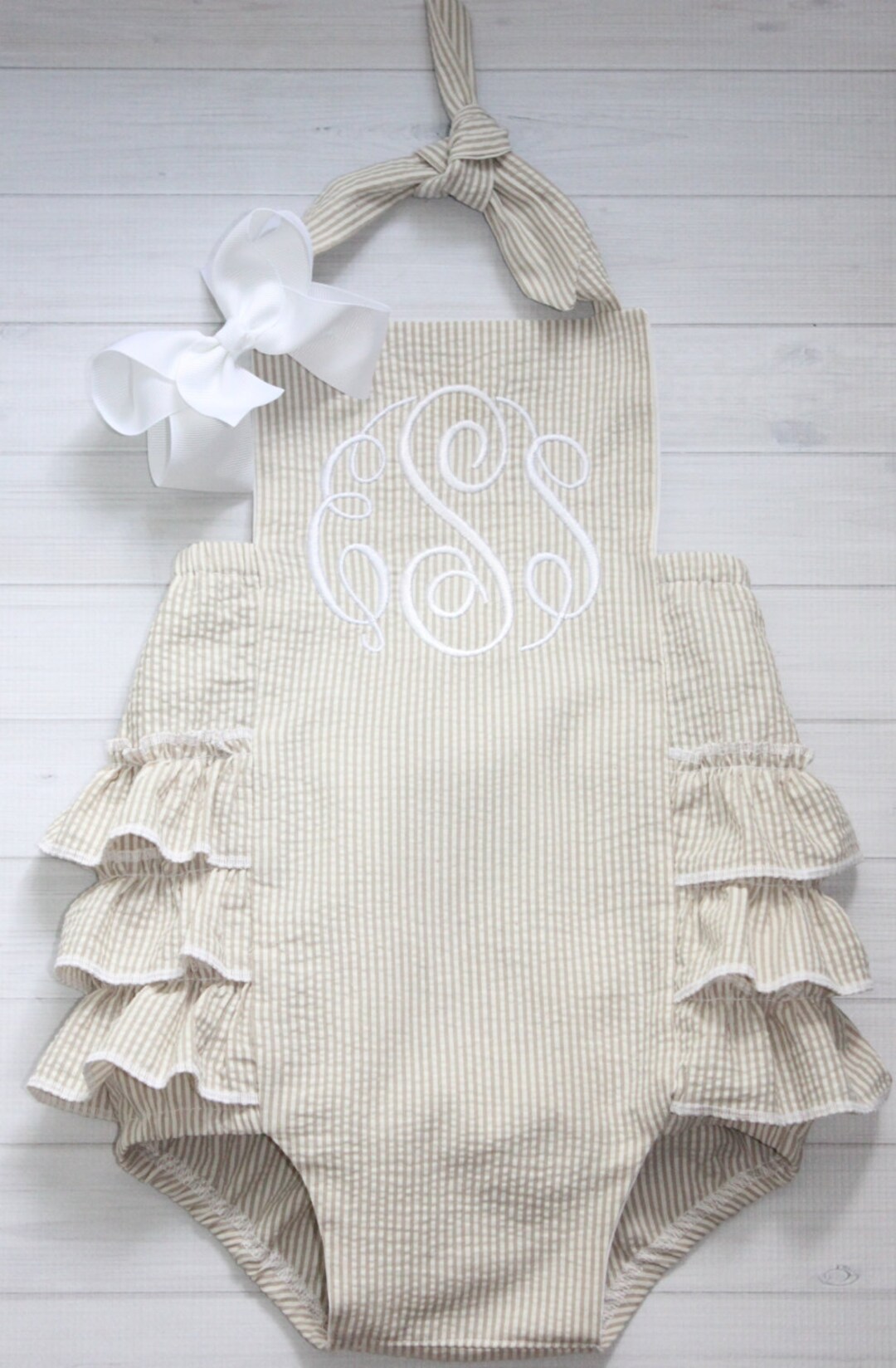Khaki Seersucker Ruffle Bottom Bubble Monogrammed - Etsy