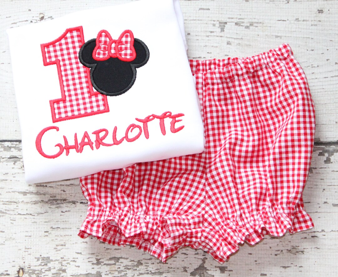 Monogrammed First Birthday Minnie Bloomer Set, Red Gingham Minnie ...