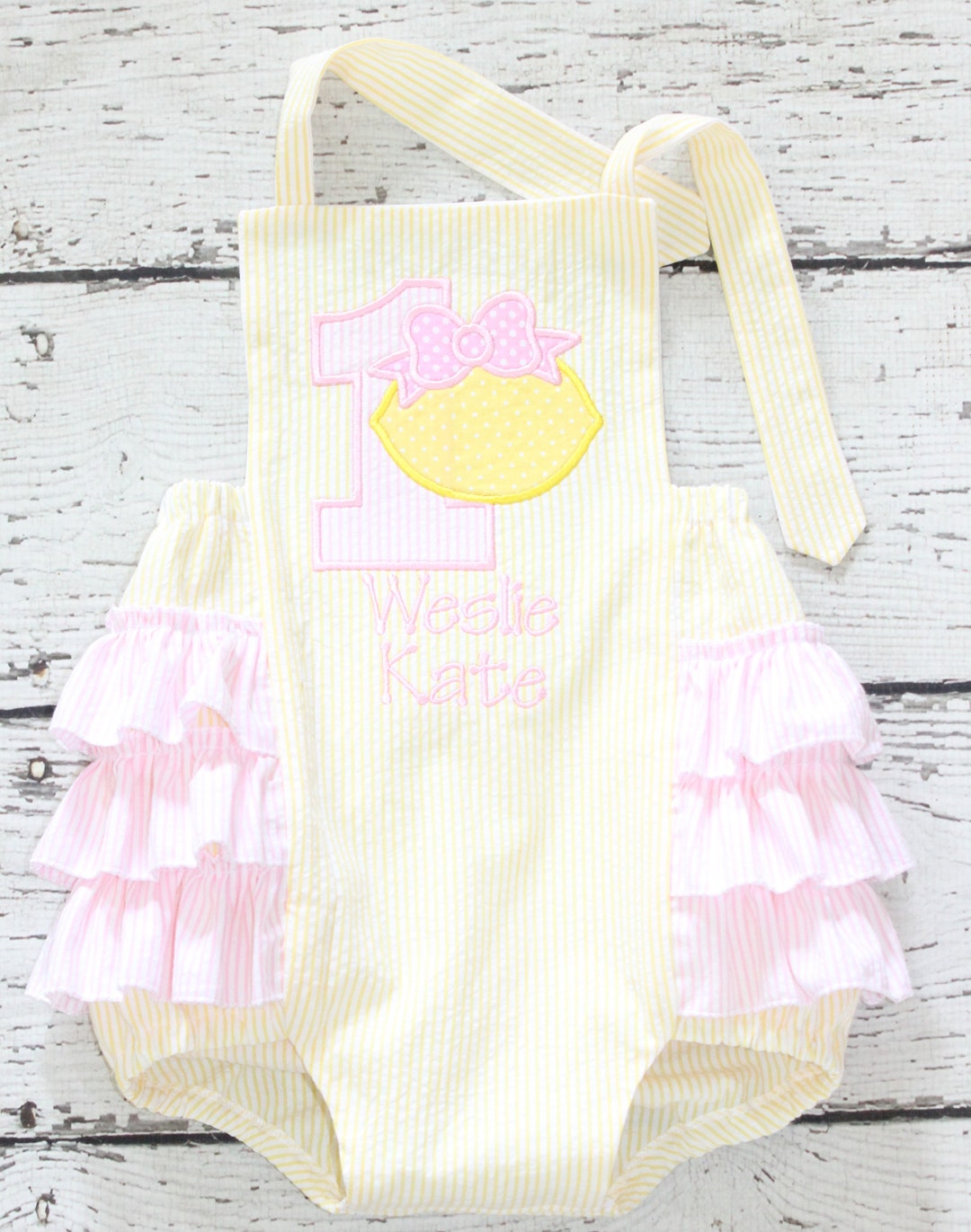 First Birthday Ruffle Bubble, Lemon Seersucker Sunsuit With Monogram ...