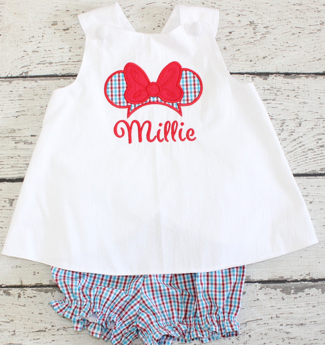 Tri Check Monogrammed Minnie Bloomer0 Outfit, Disney Bloomer Set, Blue ...