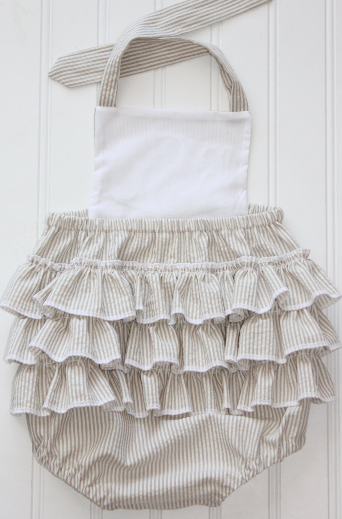 Khaki Seersucker Ruffle Bottom Bubble Monogrammed | Etsy