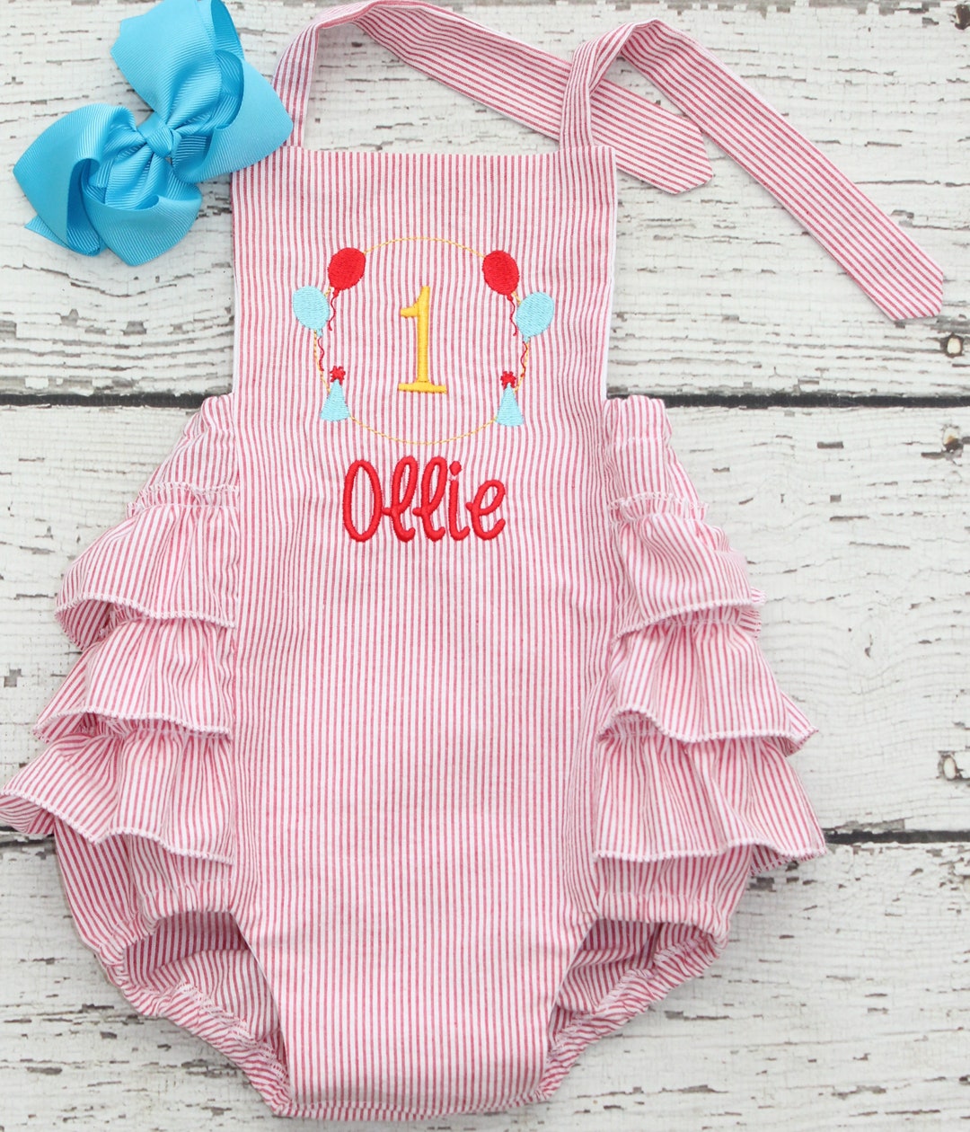 First Birthday Ruffle Bubble Balloon Monogrammed Romper - Etsy