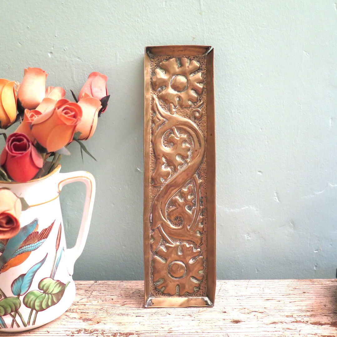 Antique Brass Pen Tray, C.1900. Victorian Embossed Pen Tidy, Desk Tidy ...