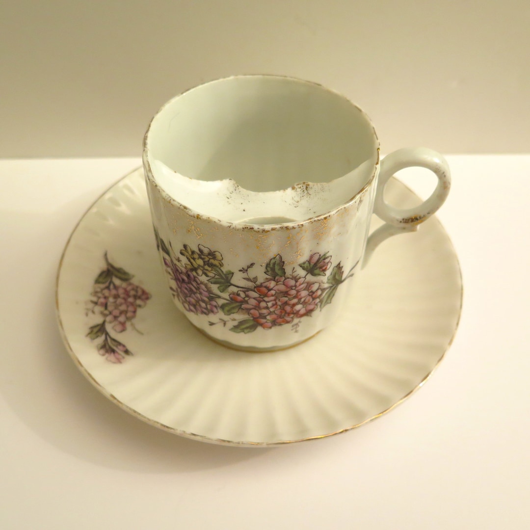 Large Antique Moustache Cup and Saucer, Pink and Purple Flowers With ...