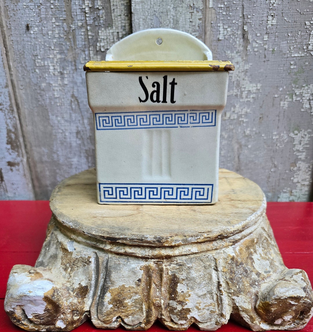 Antique Ceramic Salt Box With Greek Key Design, Vintage Wall Mount Salt ...