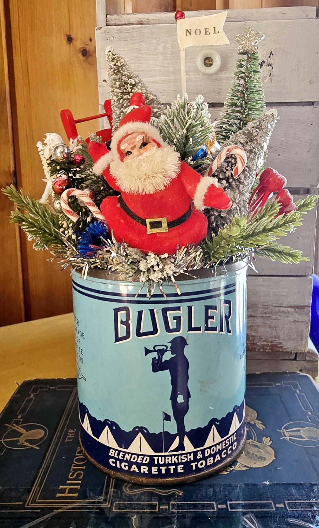 Vintage Christmas Assemblage in Bugler Tobacco Tin | Santa, Bottle ...