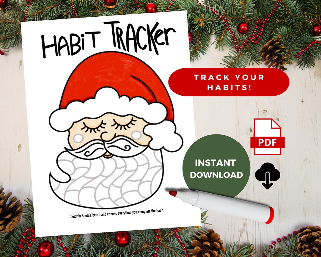 Habit Tracker, 31 Day Challenge Tracker, Fun Christmas Santa Color in ...