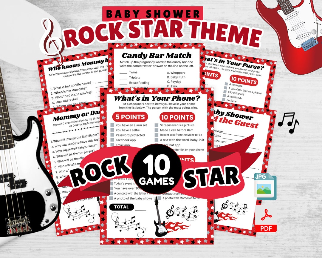 Rock Star Rock and Roll Baby Shower Games, Red Guitar Baby Shower Games ...