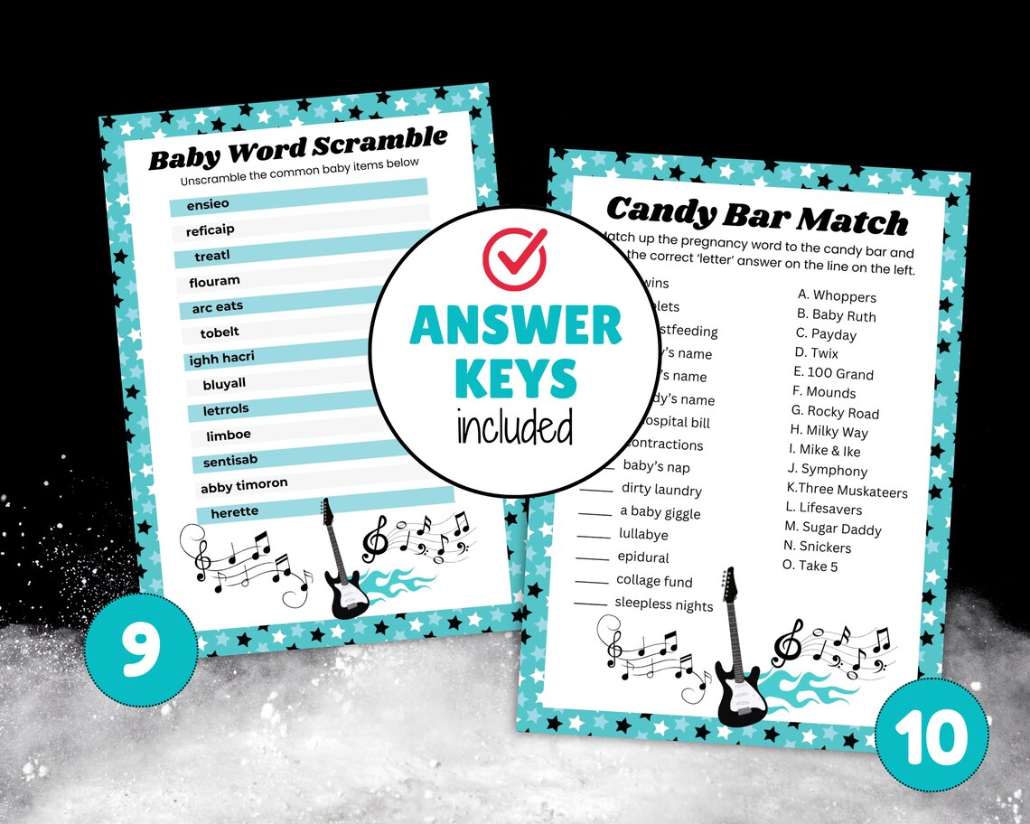 Teal Rock Star Baby Shower Games Package, 10 Printable Games, Rock Star ...