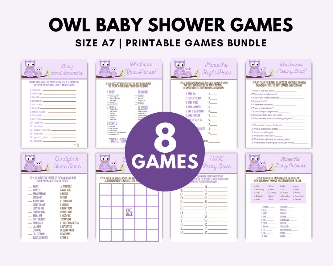 Purple Owl Baby Shower Games Package Bundle, 8 Printable Games, Boy or ...