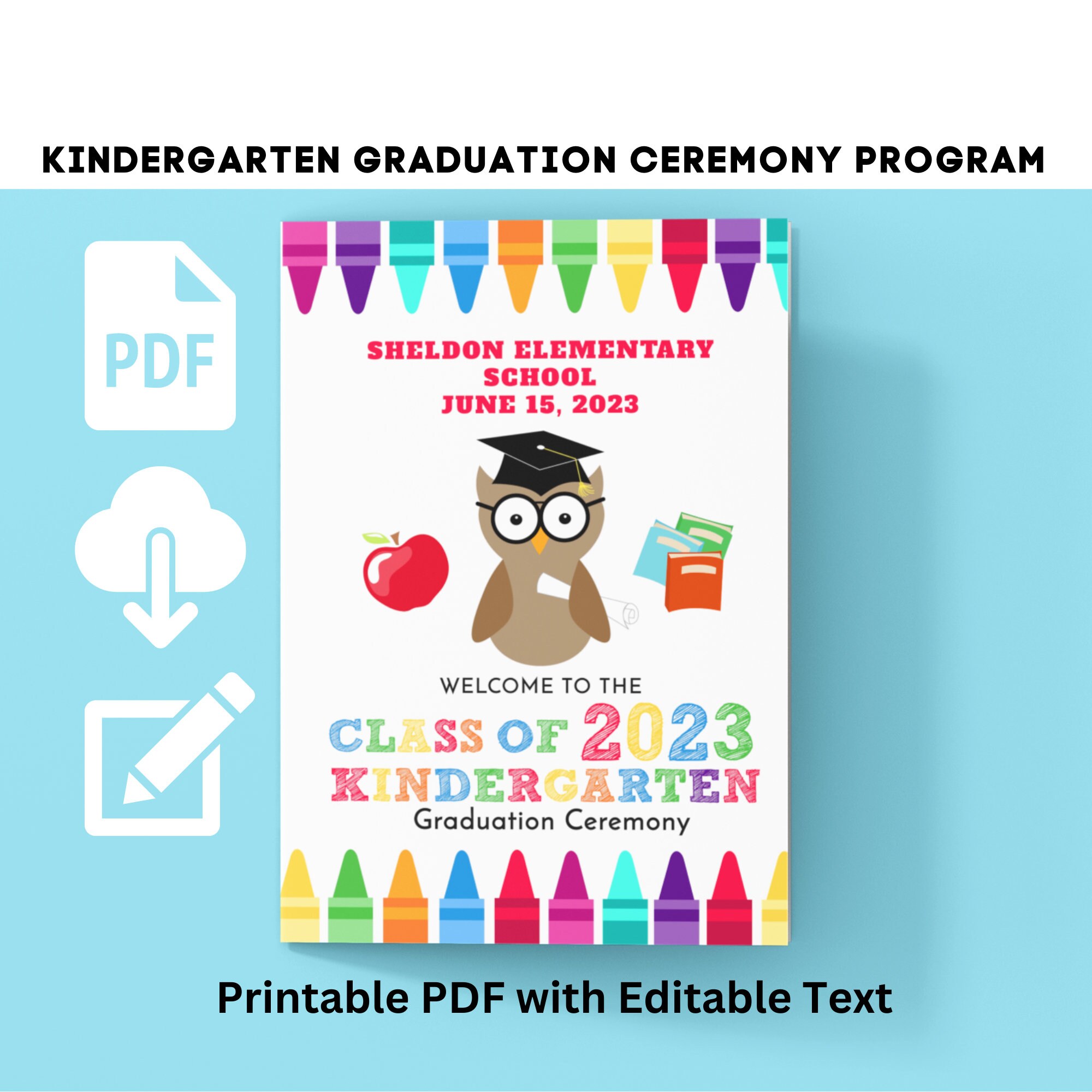Kindergarten Graduation Program Owl With Books, Crayons, Minimal ...