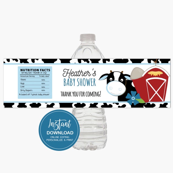 Blue Cow Farm Theme Water Bottle Labels / Boy Baby Shower | Etsy