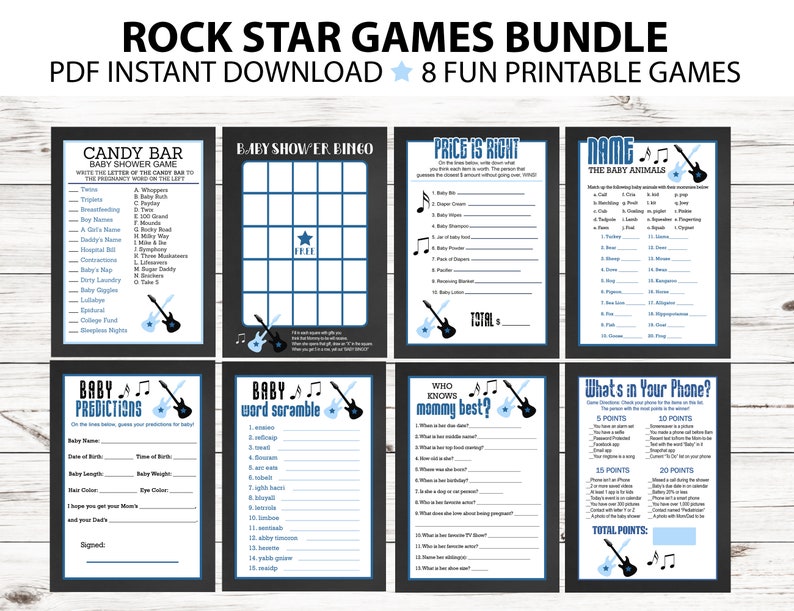 Rock a Bye Rockstar Baby Shower Games Package, 8 Printable Games, Boy ...