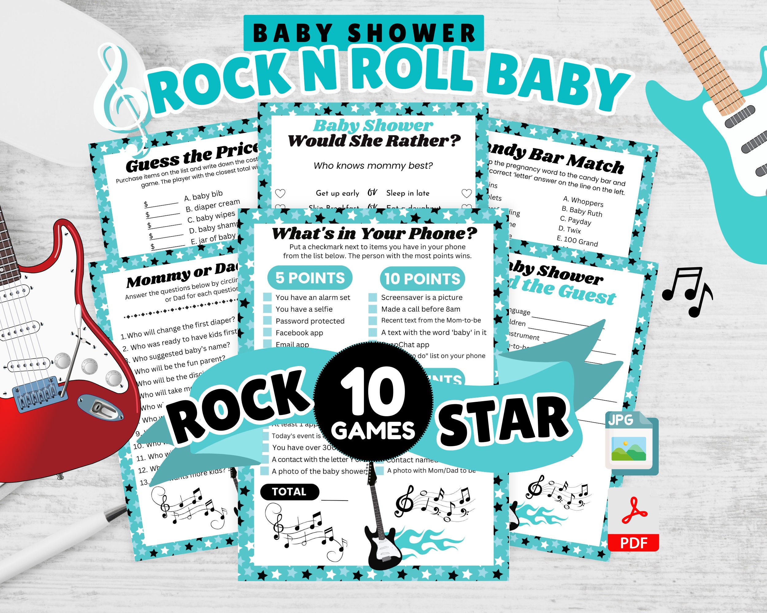 Teal Rock Star Baby Shower Games Package, 10 Printable Games, Rock Star ...