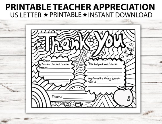 Teacher Appreciation Thank You Coloring Page Teachers Week | Etsy