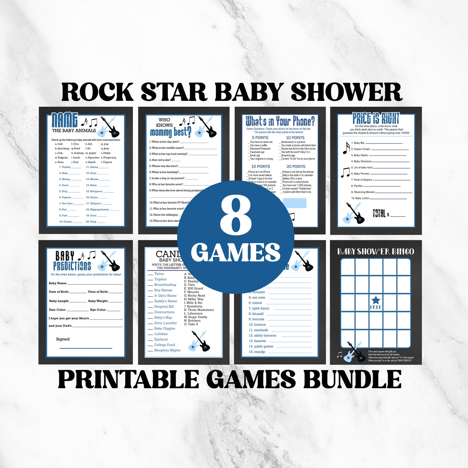 Rock a Bye Rockstar Baby Shower Games Package, 8 Printable Games, Boy ...