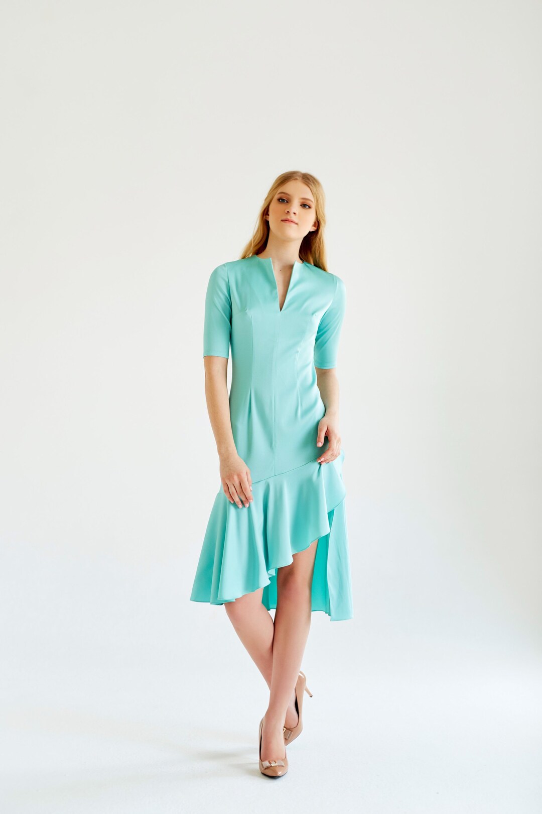 Turquoise Evening Dress, Party Dress, Bridesmaid Dress, Elbow Sleeves ...