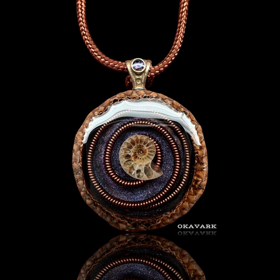 Okavark Acorn Pendant Ammonite Fossil Wire Wrapped Necklace Opal Galaxy ...