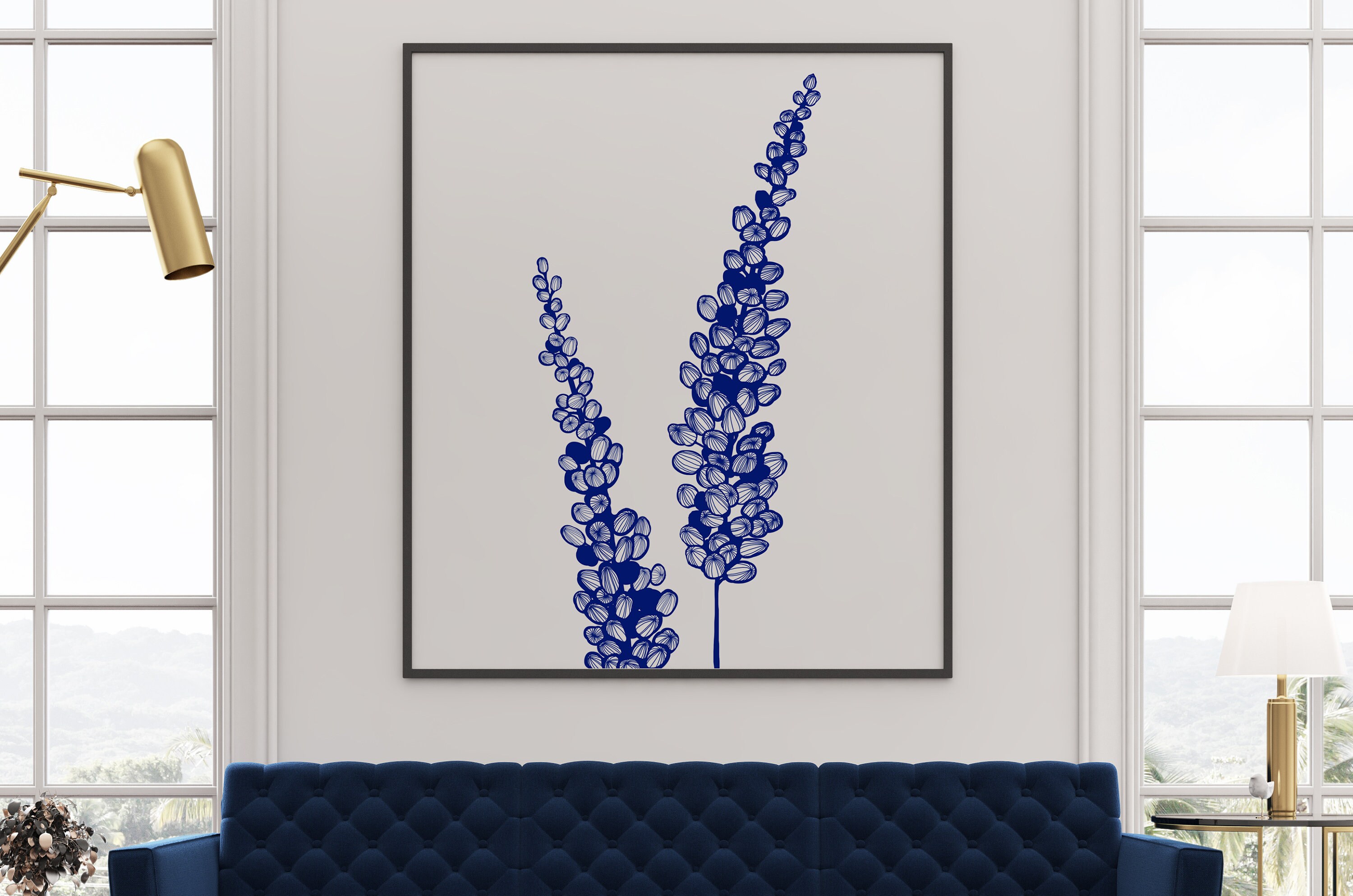 Hamptons Style Blue Flower Line Art INSTANT DIGITAL DOWNLOAD Wall Art ...