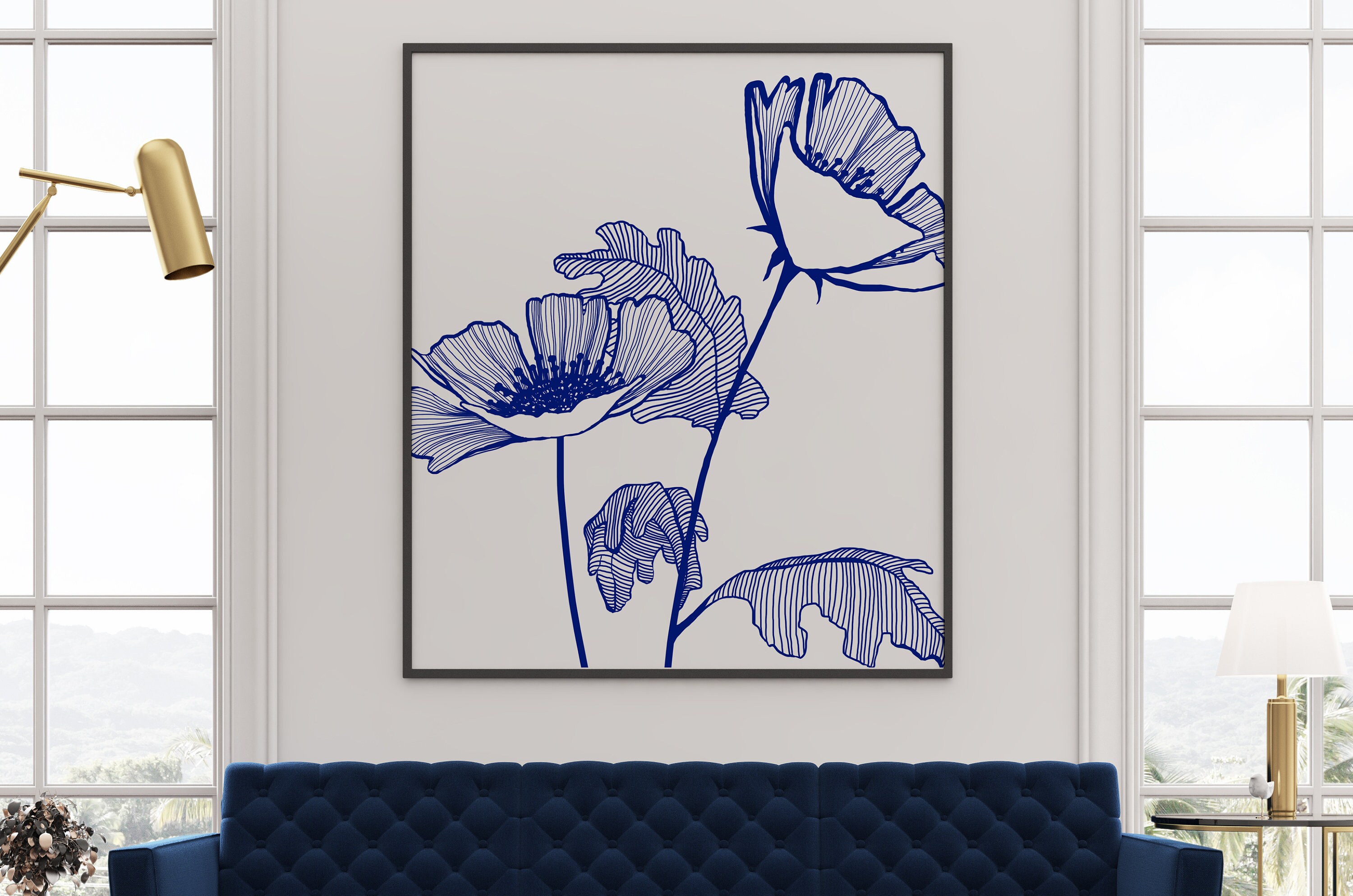 Hamptons Style Blue Flower Line Art INSTANT DIGITAL DOWNLOAD Wall Art ...
