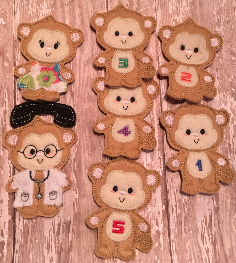 5 Five Little Monkeys Jumping On The Bed Finger Puppet Set Etsy