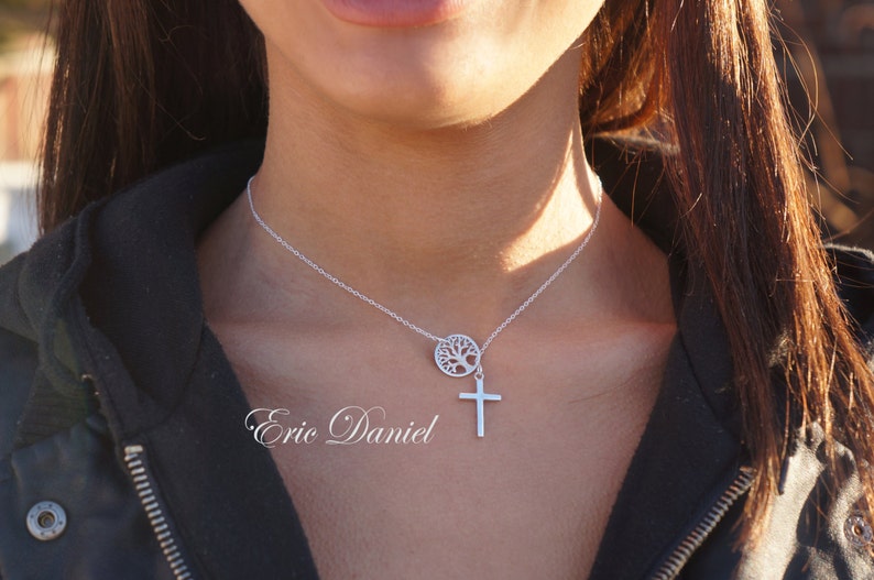 Tree of Life With Drop Cross Lariat Necklace Available in - Etsy