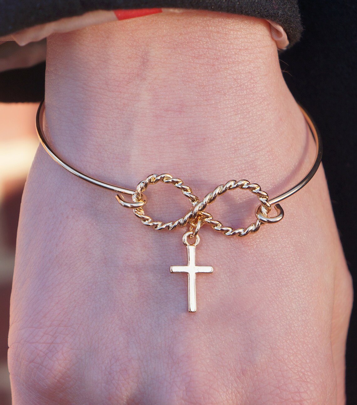 Infinity Bangle Bracelet With Small Cross in Yellow Gold or - Etsy