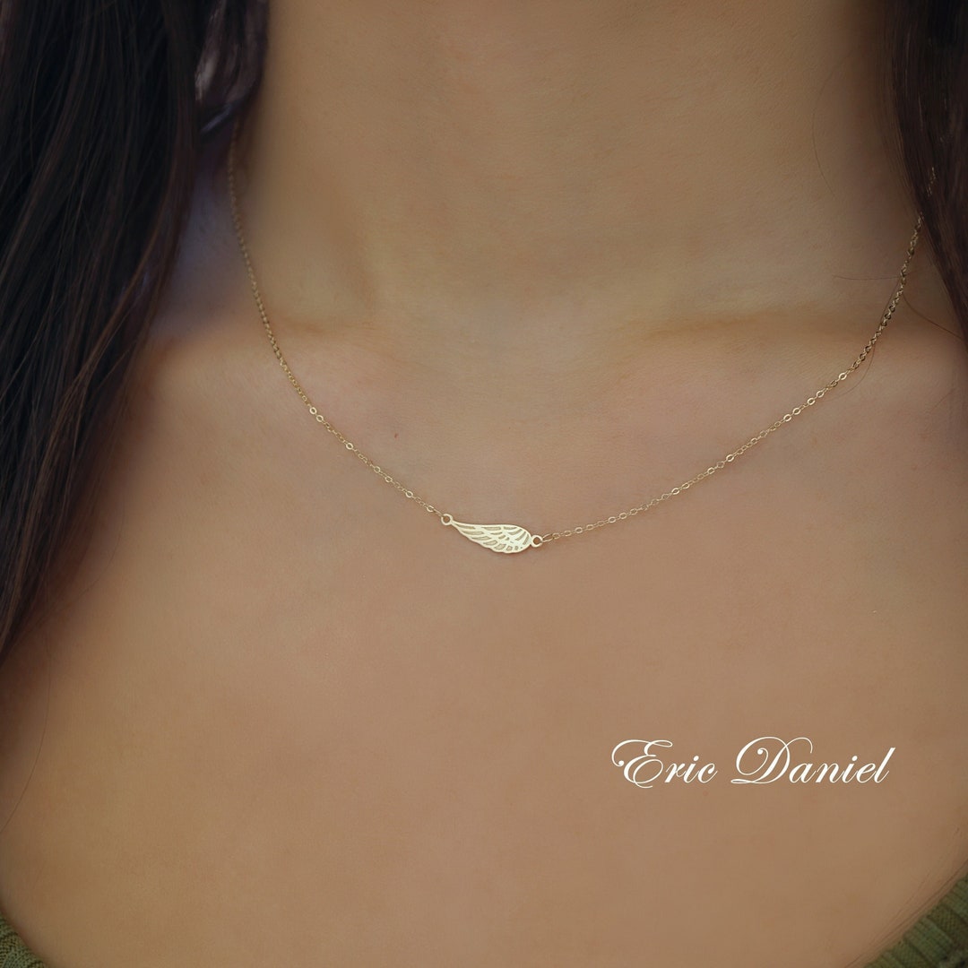14K Solid Gold Wing Necklace, Mini Angel Wing Necklace in Yellow or ...