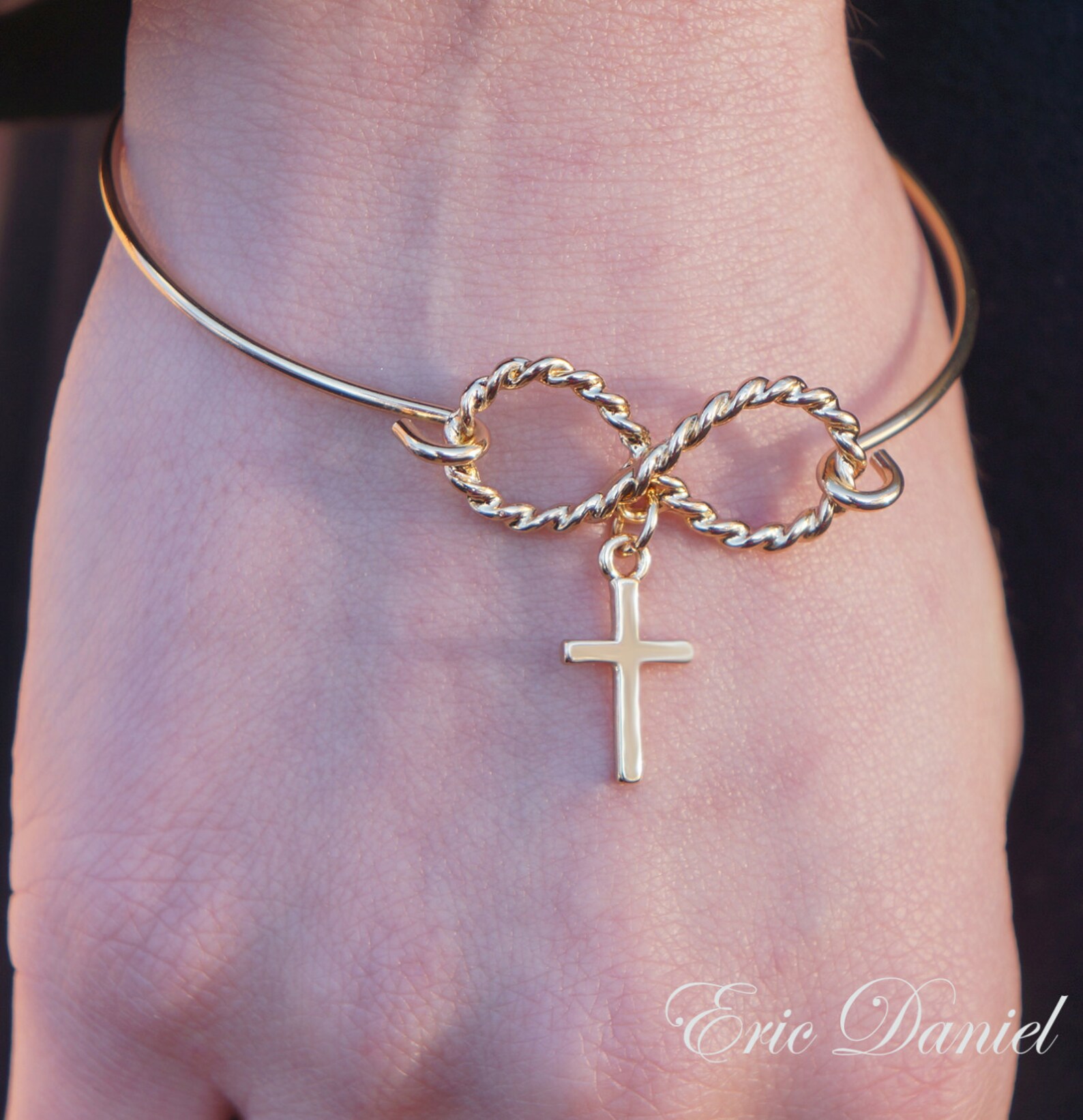 Infinity Bangle Bracelet With Small Cross in Yellow Gold or Silver ...