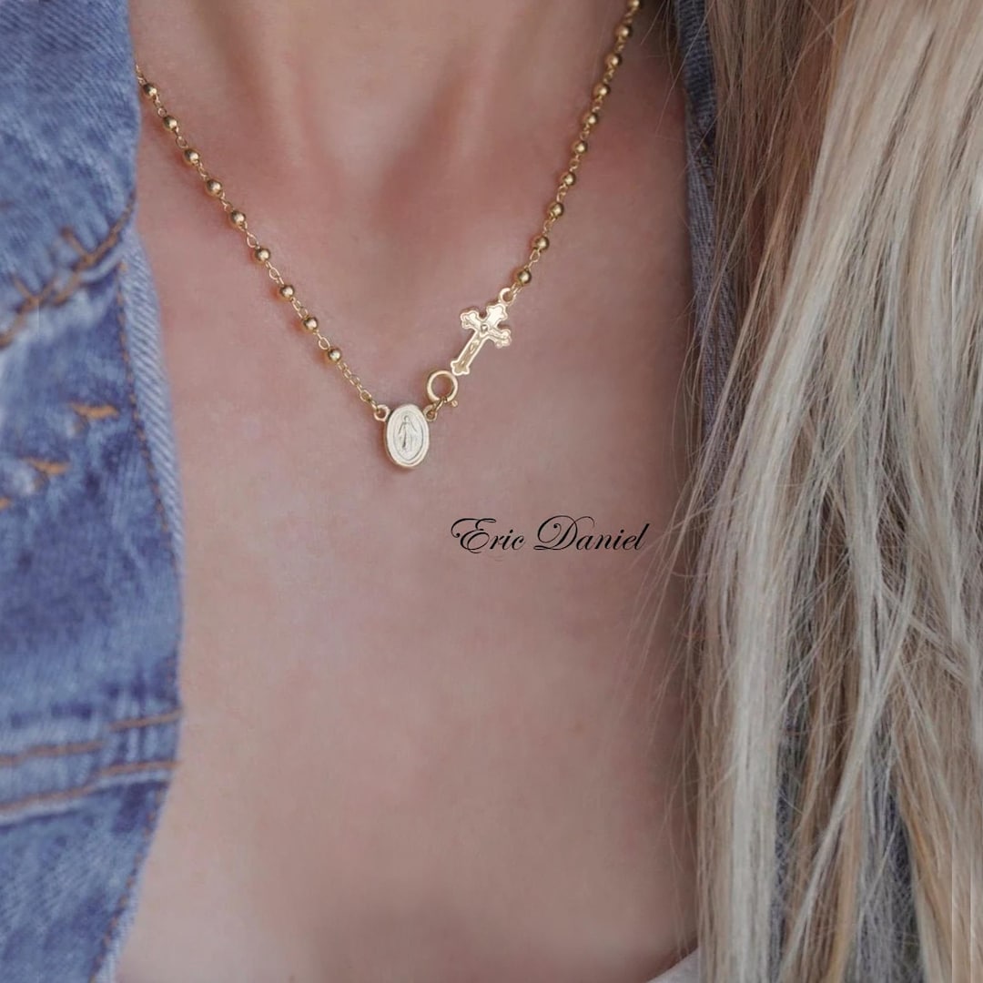 Modern Style Virgin Mary Rosary Necklace With Sideways Cross, Blessed ...