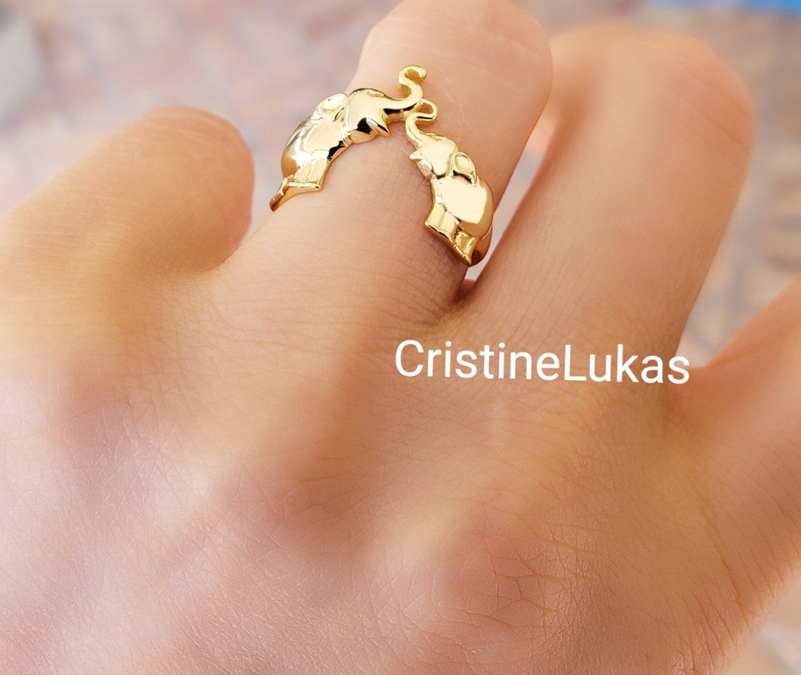 10k, 14k or 18k Solid Gold Elephant Mother and Baby Ring in White ...